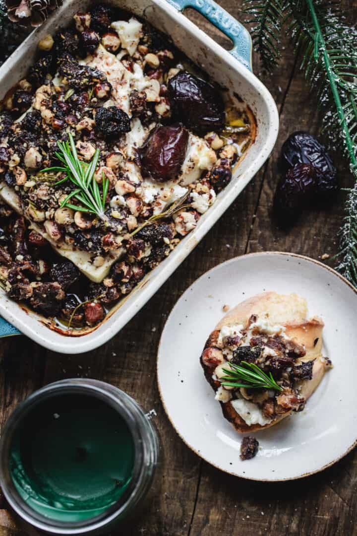 Baked Feta Dip Appetizer Recipe with Dates, Hazelnuts and Honey